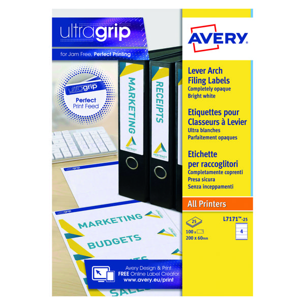 Avery Laser Inkj Lever Arch Labels 200x60mm Wht (Pack of 100) L7171-25 ...